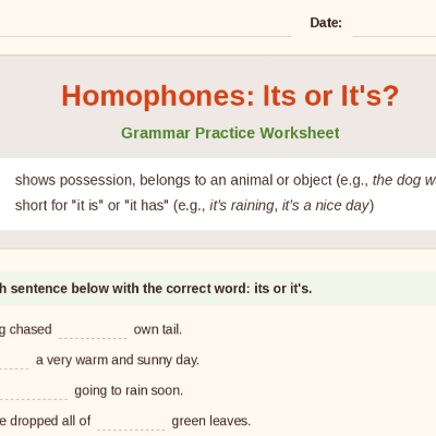 Методичні матеріали з теми Homophones Worksheet. It or It's. - Skoln